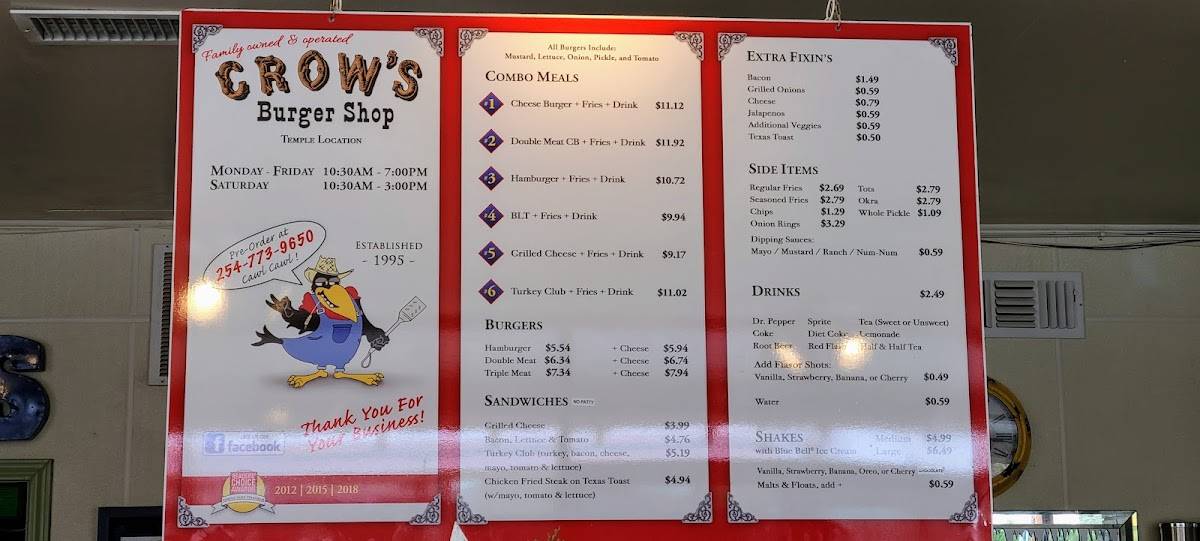 Menu at Crow's Burgers restaurant, Temple