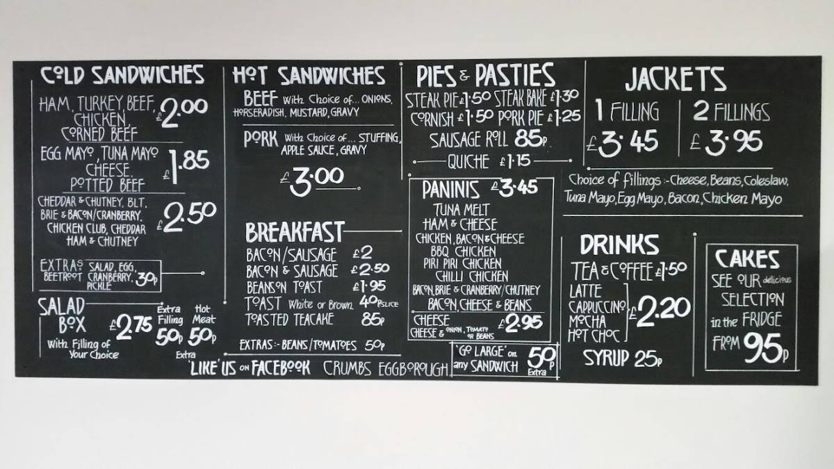 Menu at Crumbs cafe, Eggborough