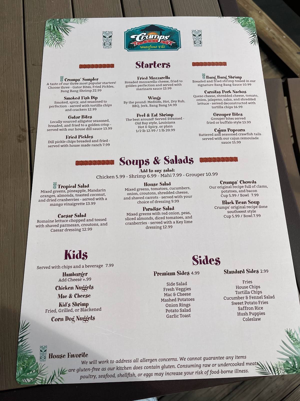 Menu at Crump's Landing pub & bar, Homosassa, W Halls River Rd