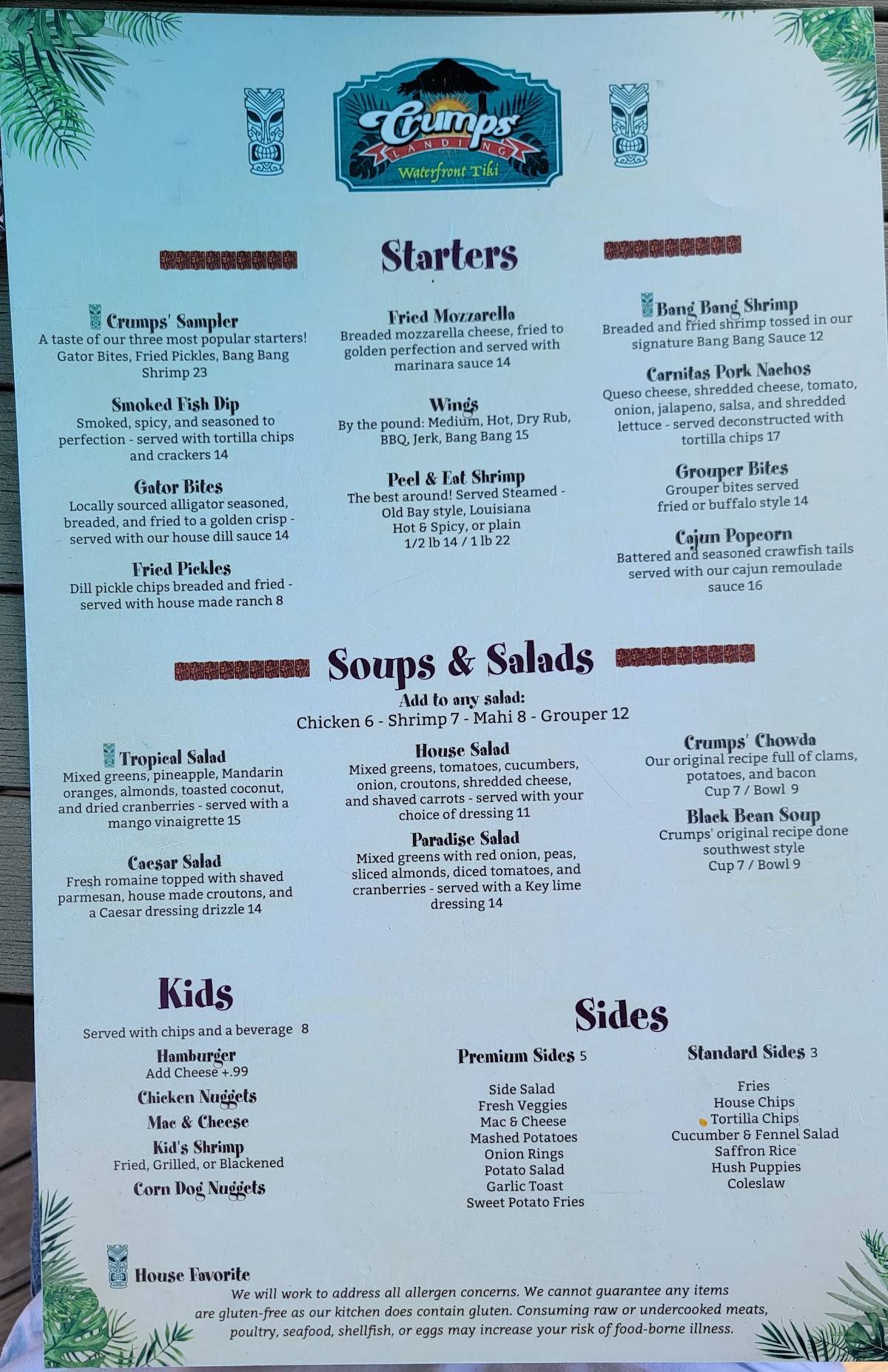 Menu at Crump's Landing pub & bar, Homosassa, W Halls River Rd