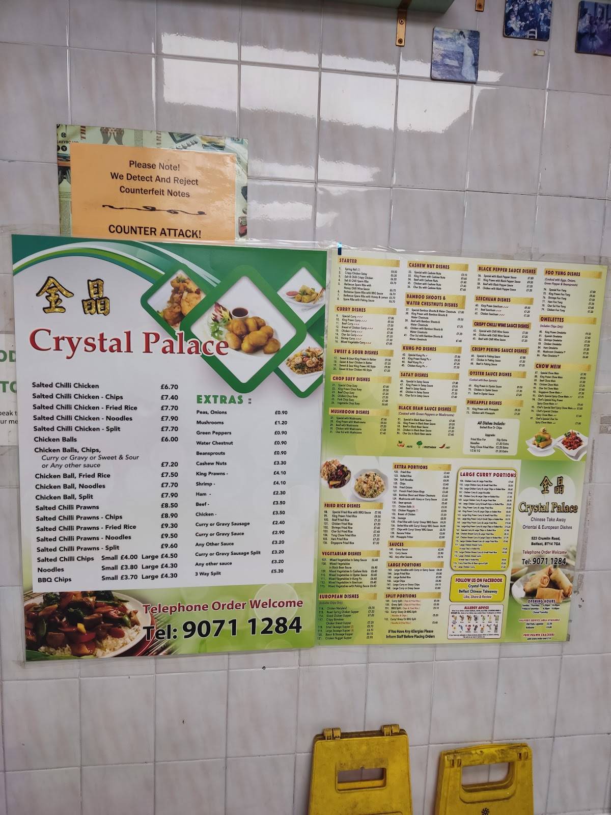Menu at Crystal Palace fast food, Belfast