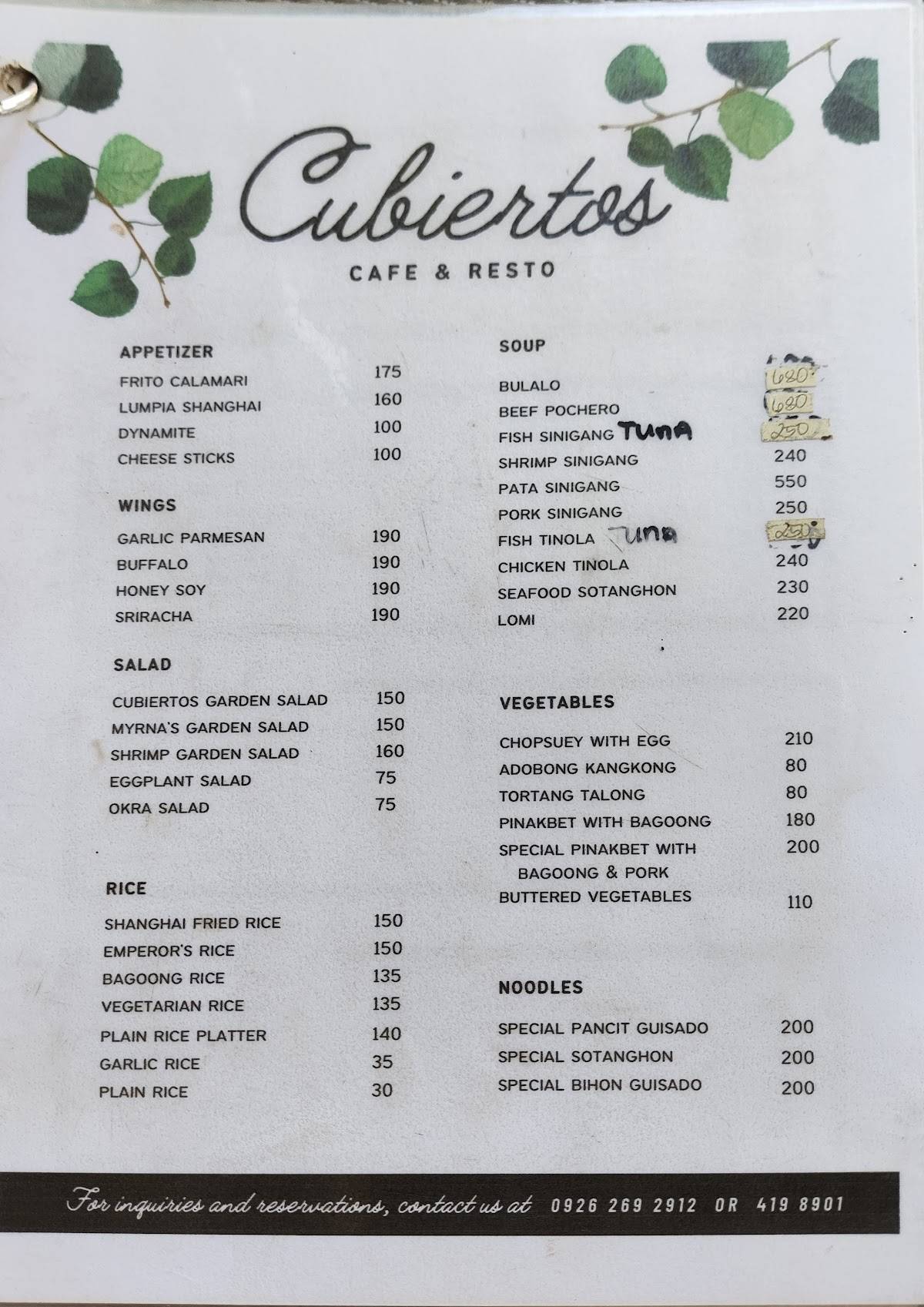 Menu at Cubiertos Restaurant & Grill, Sibulan
