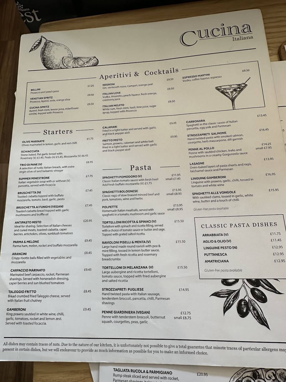 Menu at Cucina Italian Restaurant, Oxted, 28-30 Station Rd E