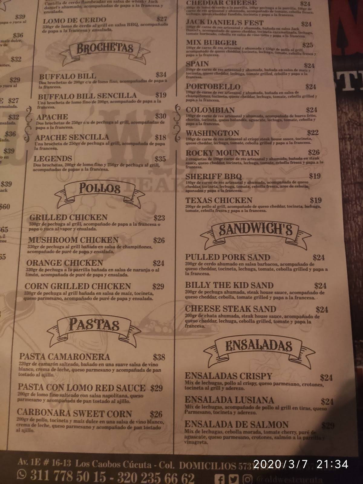 Carta del restaurante Old West Steak House (Caobos), Cúcuta