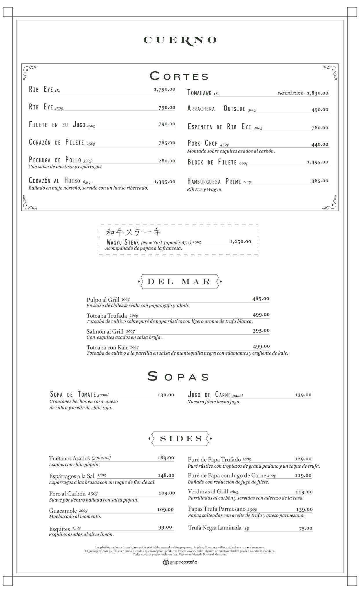 Carta de parrilla Cuerno - CDMX, Ciudad López Mateos