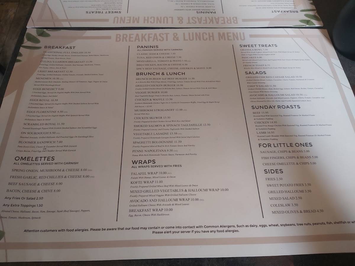 Menu at Culina Bistro restaurant, South Croydon