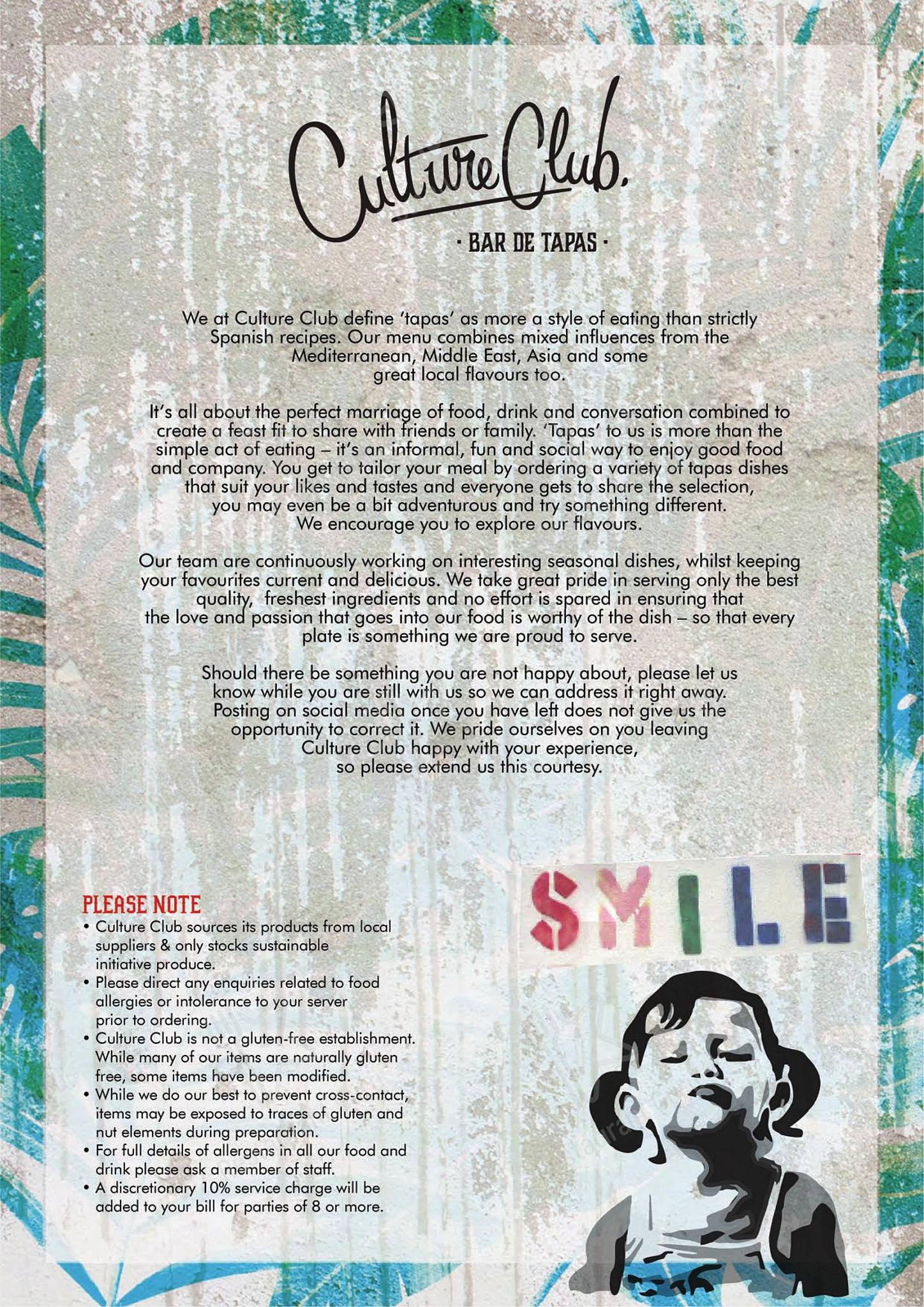 Menu at Culture Club, Pretoria