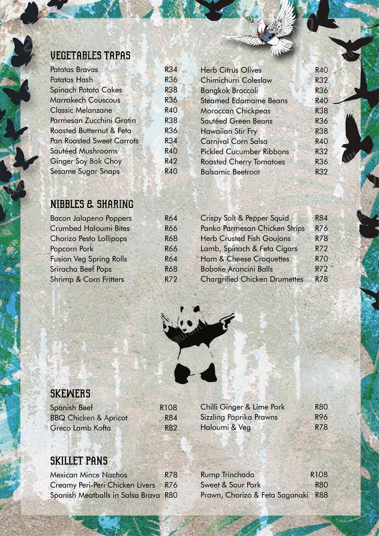 Menu au Culture Club, Pretoria