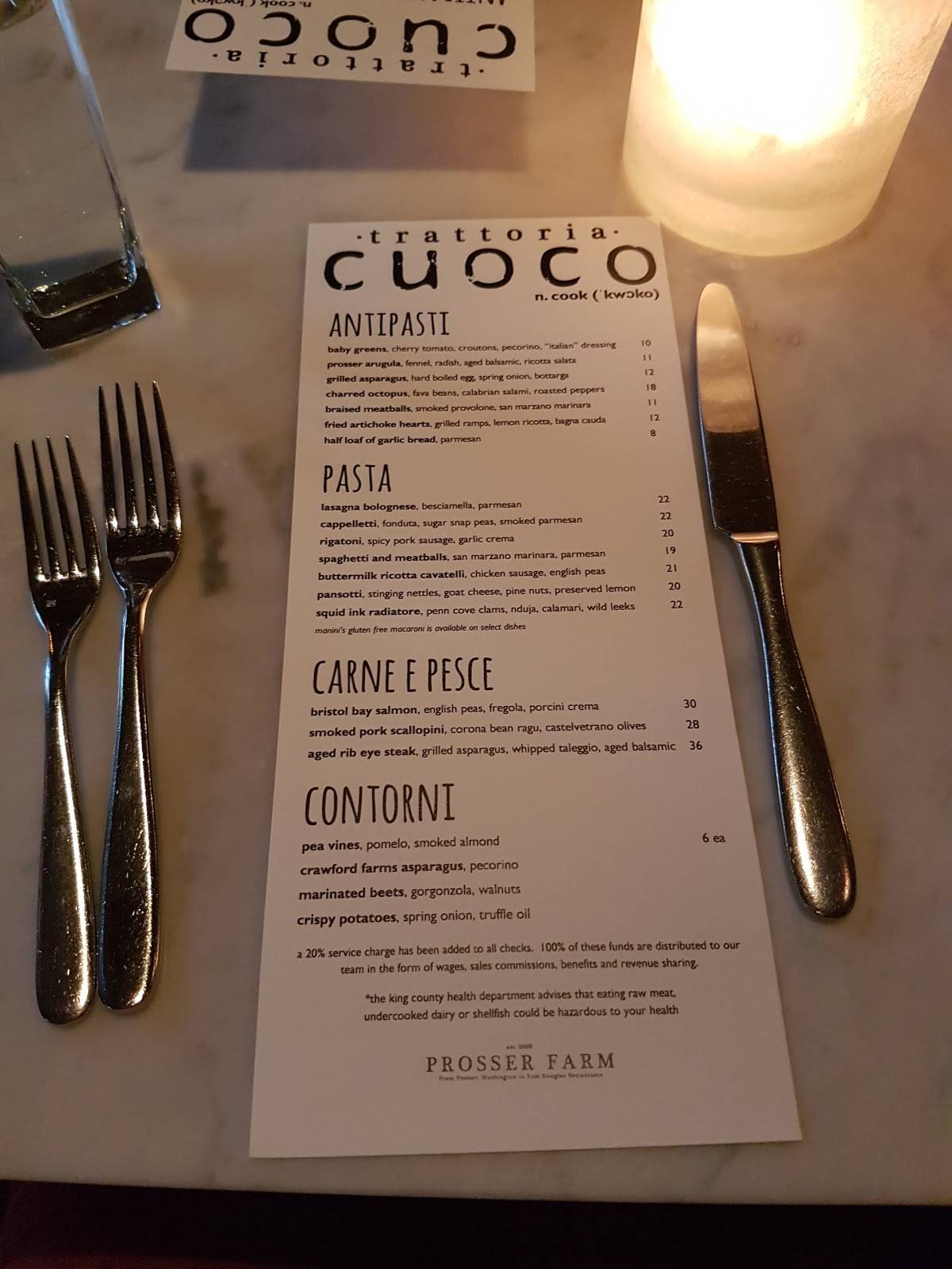 Menu at Cuoco restaurant, Seattle
