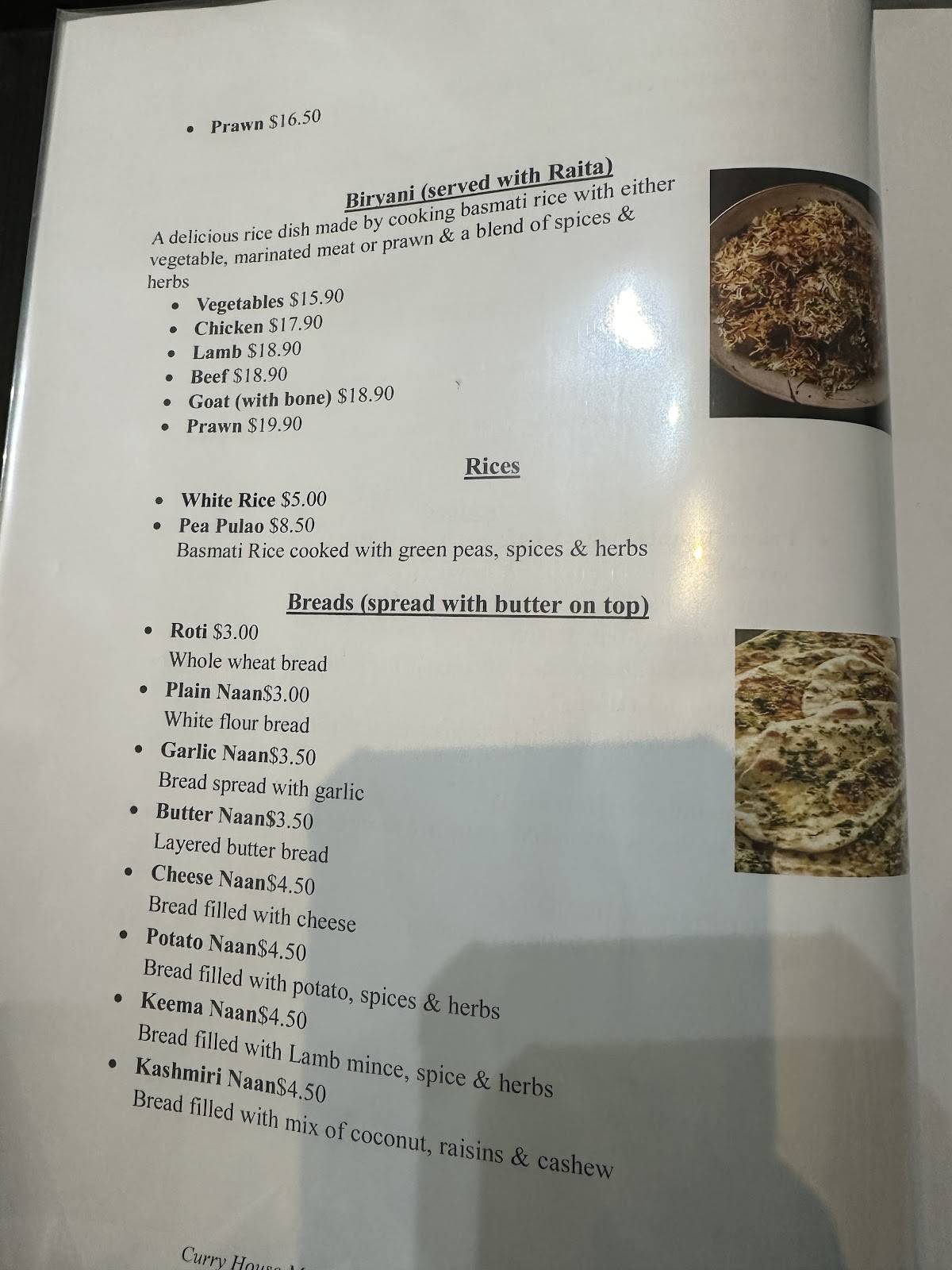 Menu at Curry House Mowbray restaurant, Mowbray
