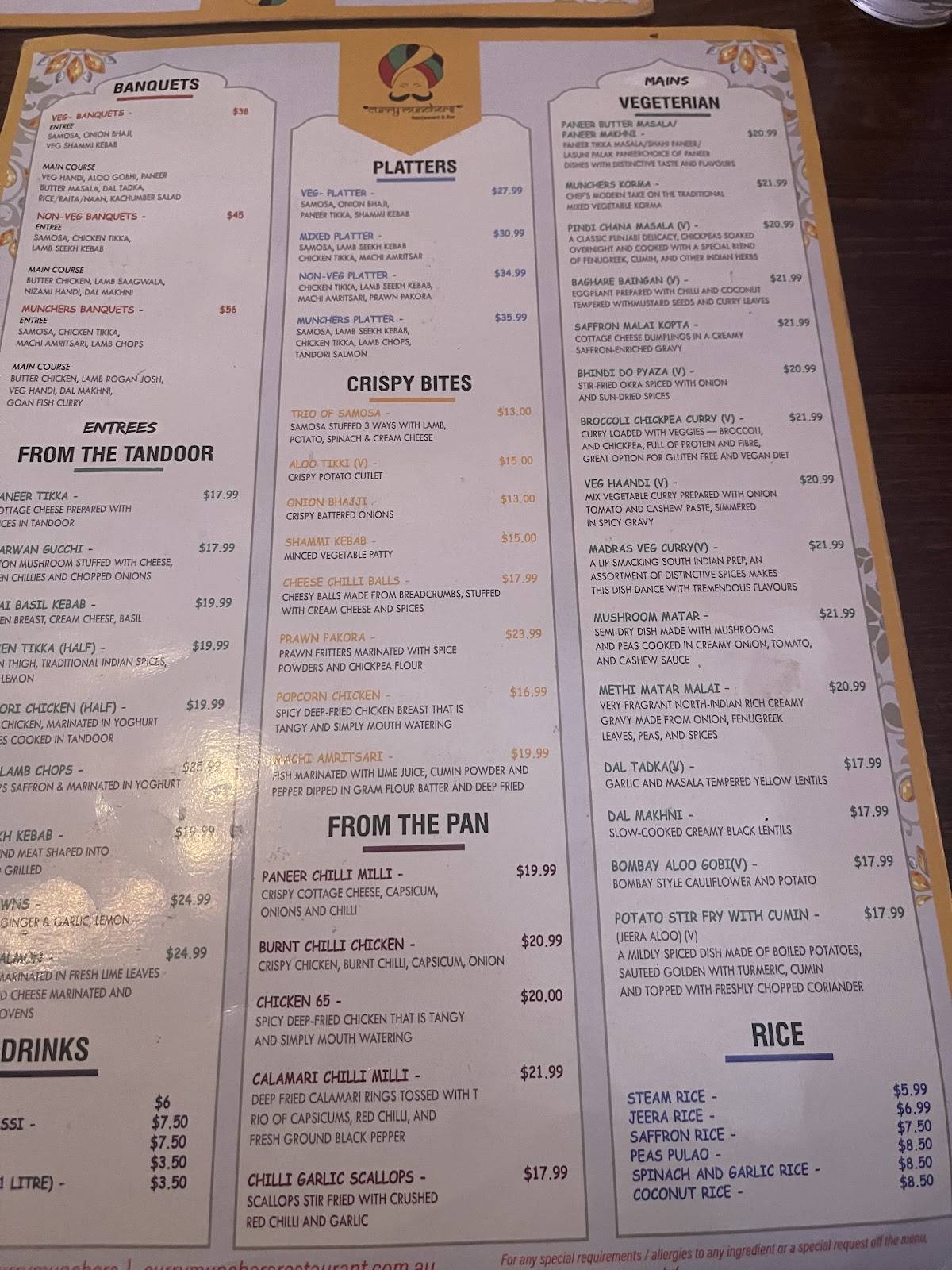 Menu at Curry Munchers restaurant, Leederville, 745 Newcastle St