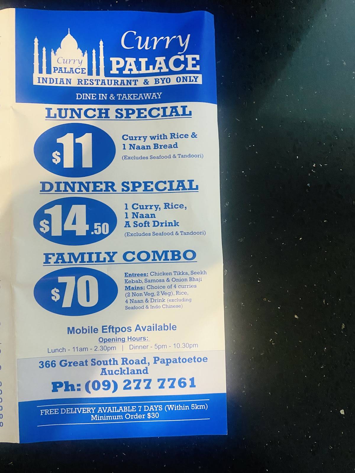 Menu at Curry Palace restaurant, Auckland