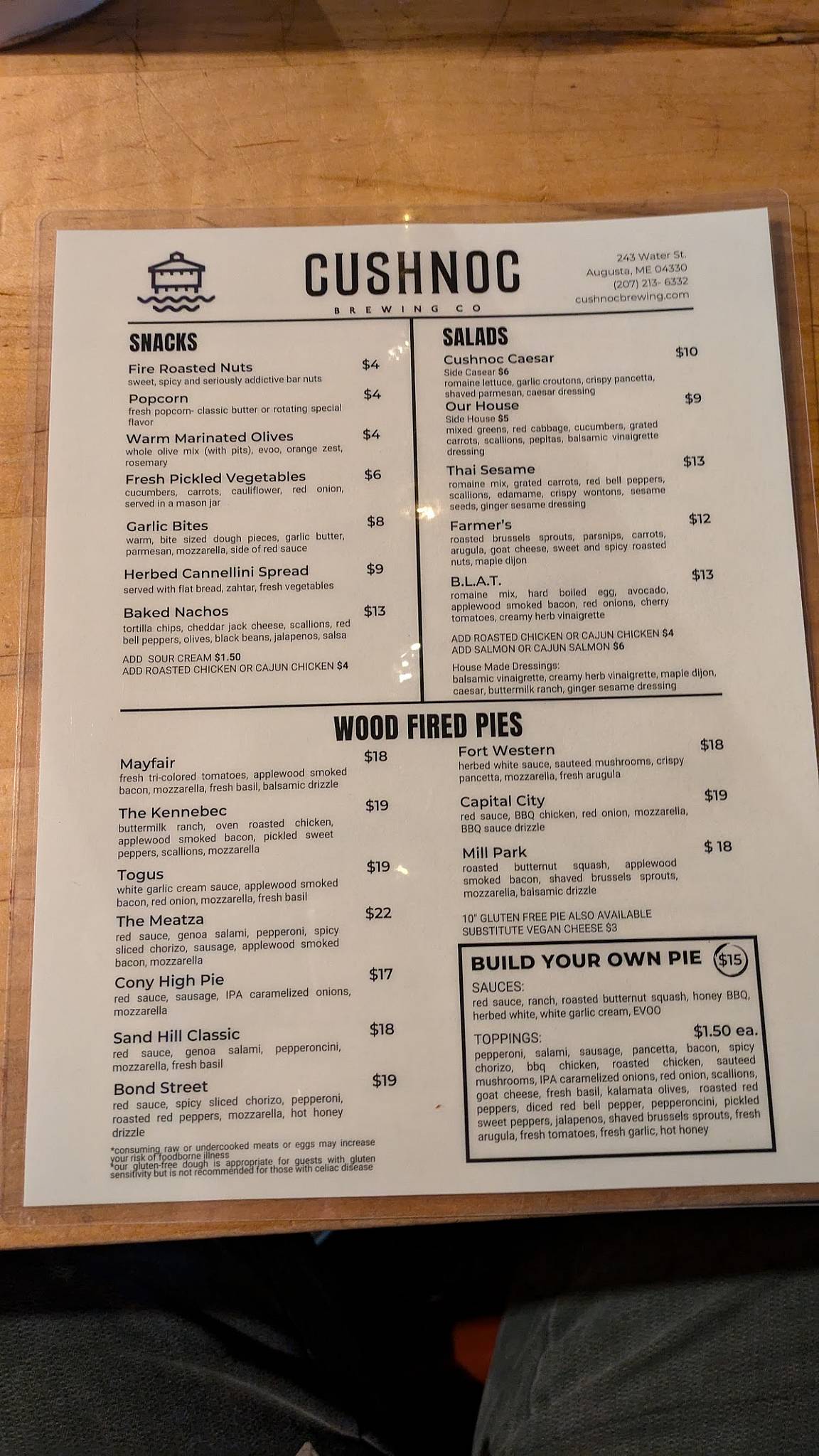Menu at Cushnoc Brewing Co. pizzeria, Augusta