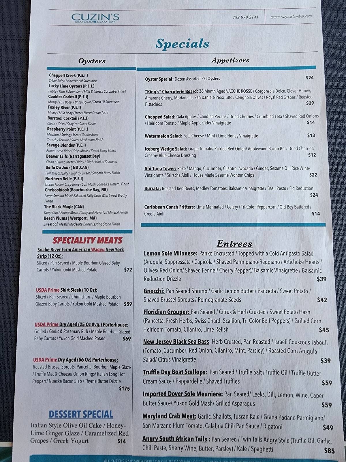Menu at Cuzin's Seafood New Brunswick, NJ pub & bar, New Brunswick