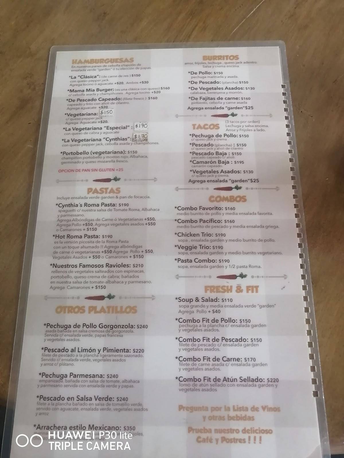 Menu at Cynthia Fresh restaurant, San José del Cabo
