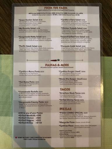 Menu at Cynthia Fresh restaurant, San José del Cabo