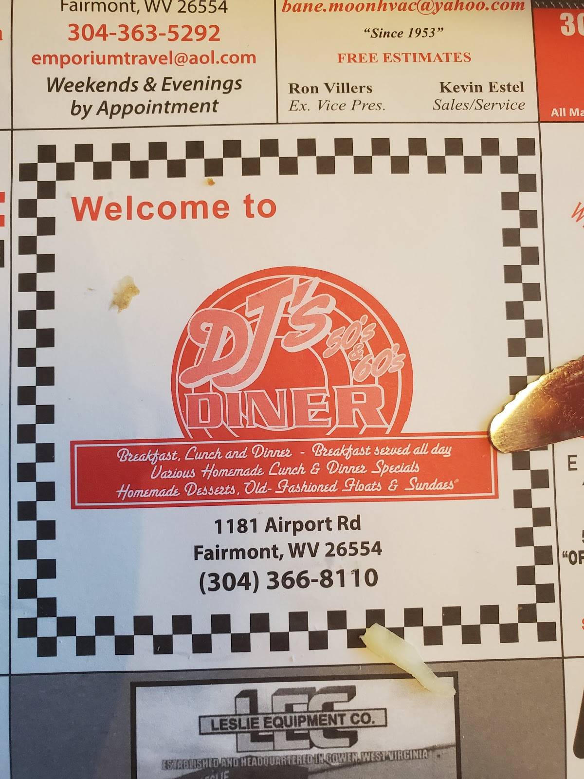 Menu at DJ's 50'S & 60'S Diner restaurant, Fairmont