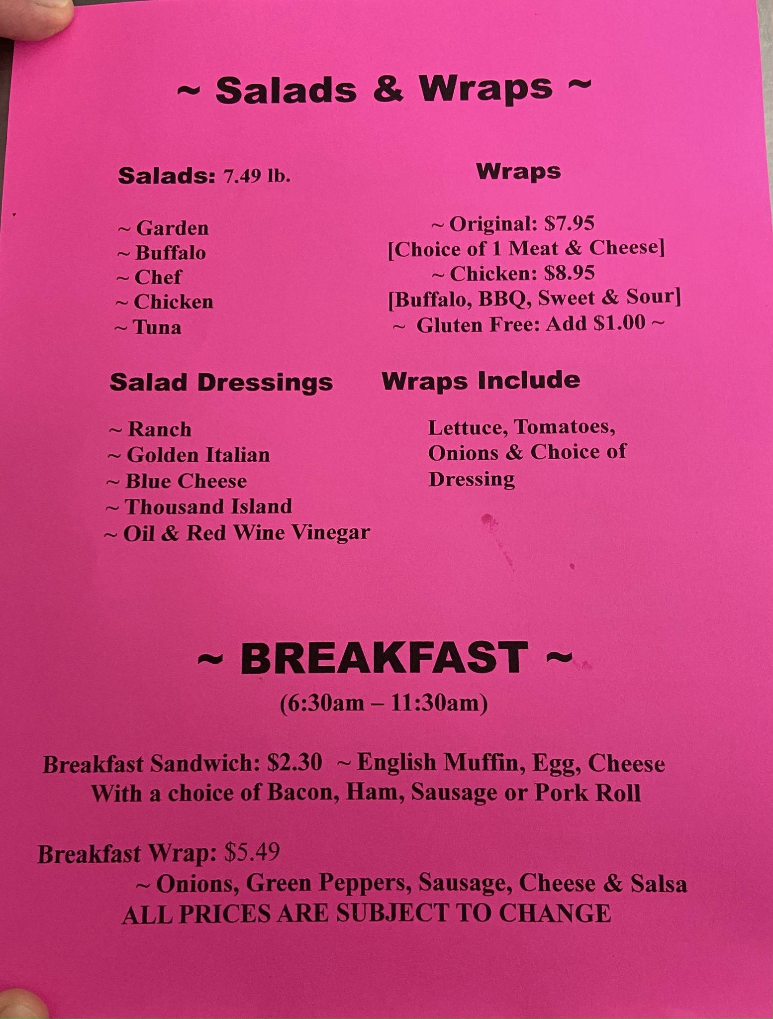 Menu at D&l Country Store, Oakland