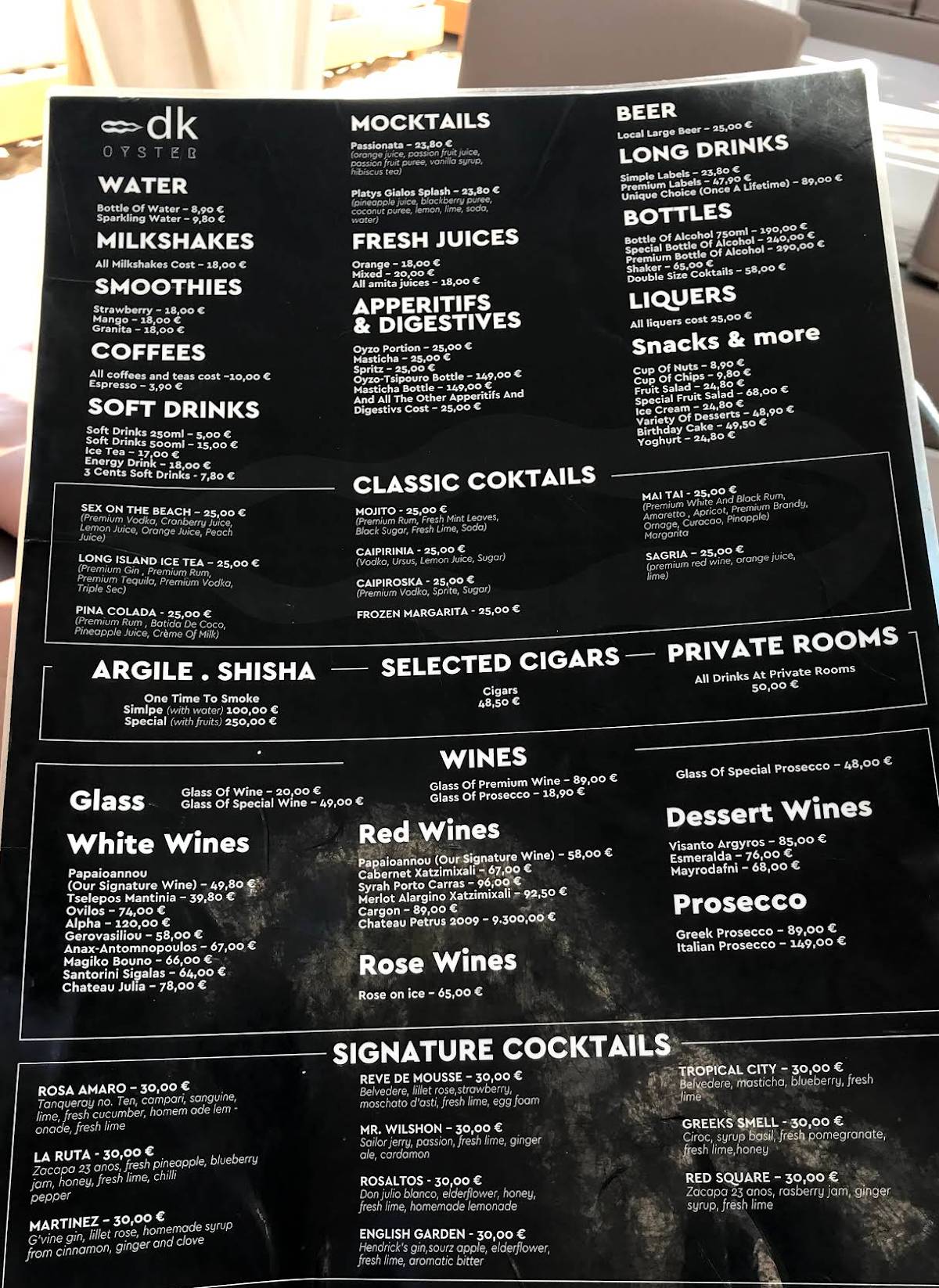 Menu at DK Oyster, Platis Gialos