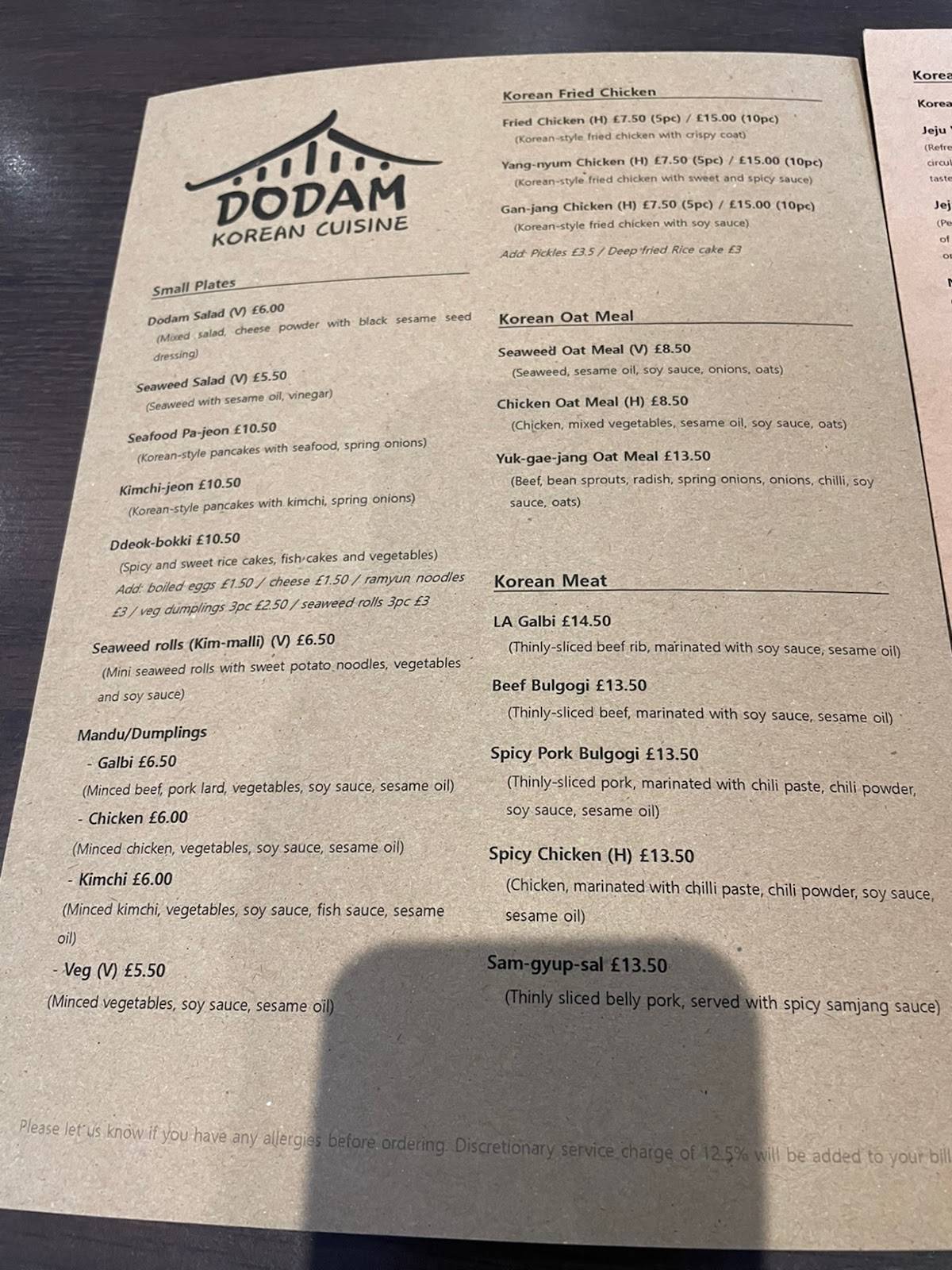 Menu at DODAM KOREA restaurant, London