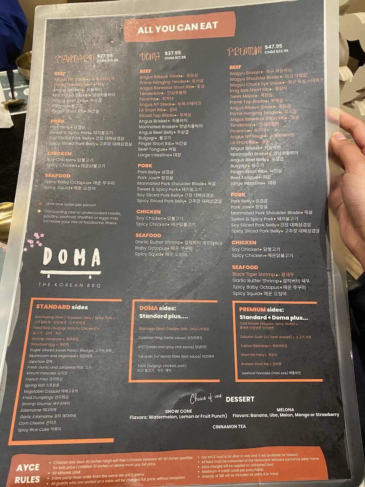 Carta de DOMA The Korean BBQ, Las Vegas