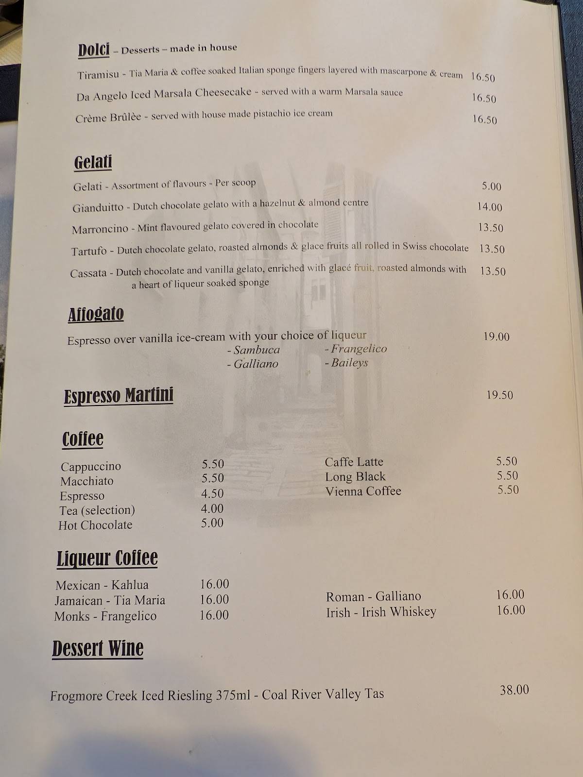 Menu at Da Angelo Ristorante restaurant, Battery Point