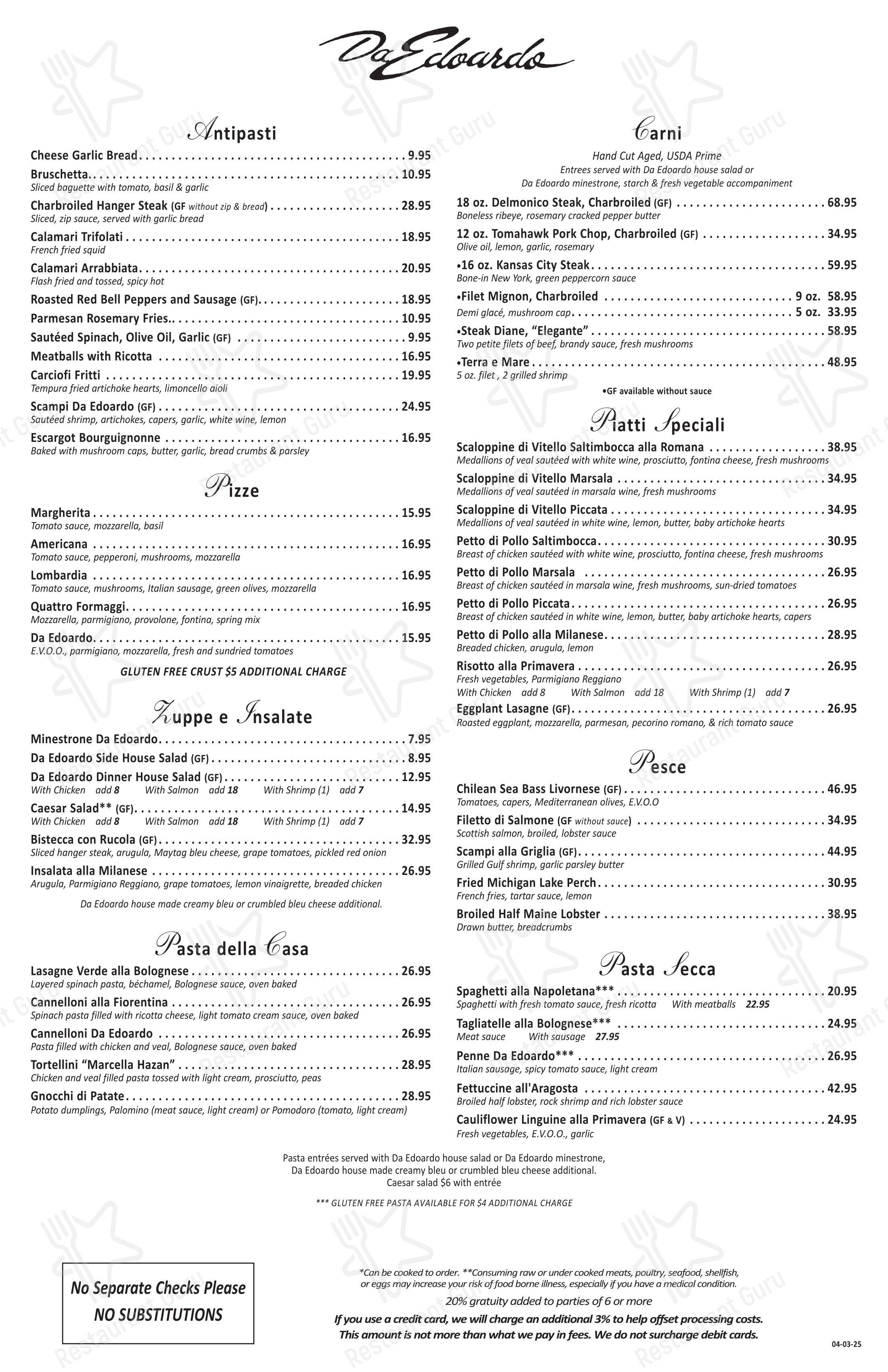 Menu at Da Edoardo - Grosse Pointe restaurant, Grosse Pointe Woods ...