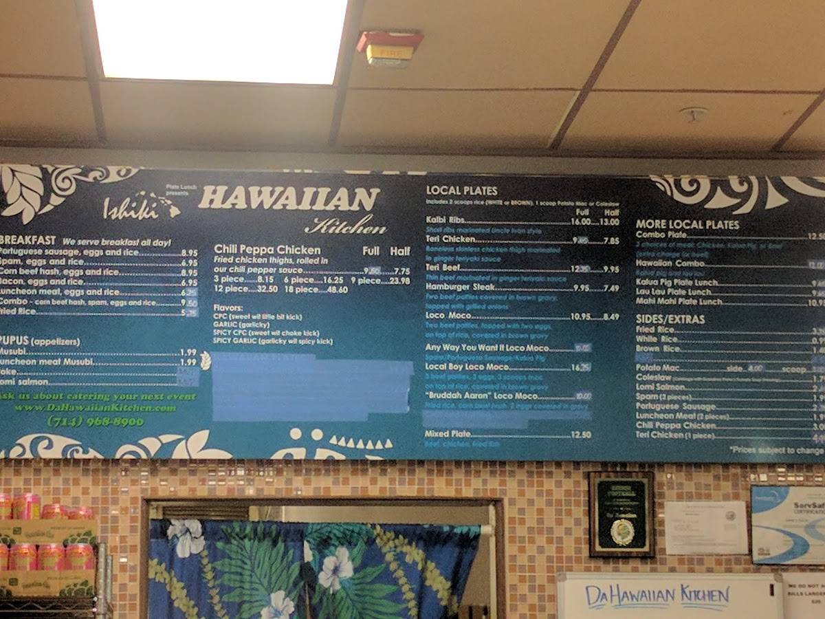 Menu at Da Hawaiian Kitchen restaurant, Huntington Beach