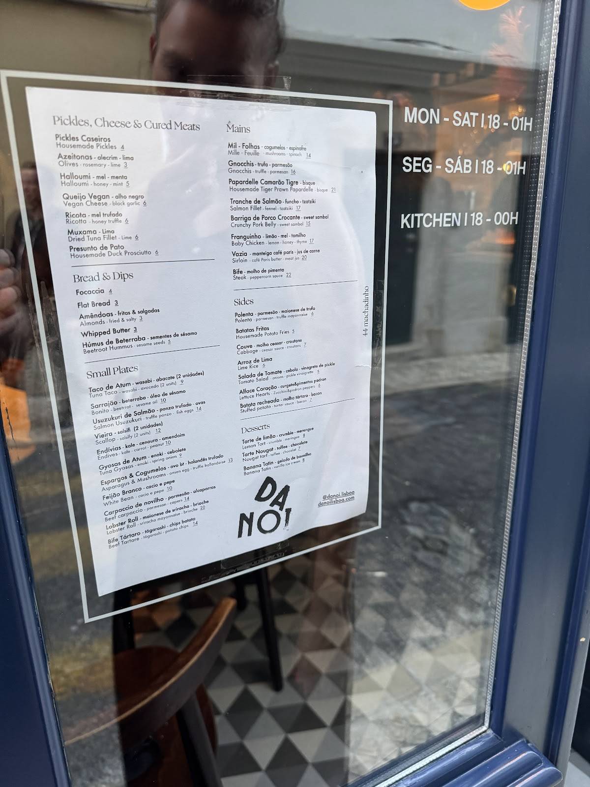 Menu at Da Noi restaurant, Lisbon
