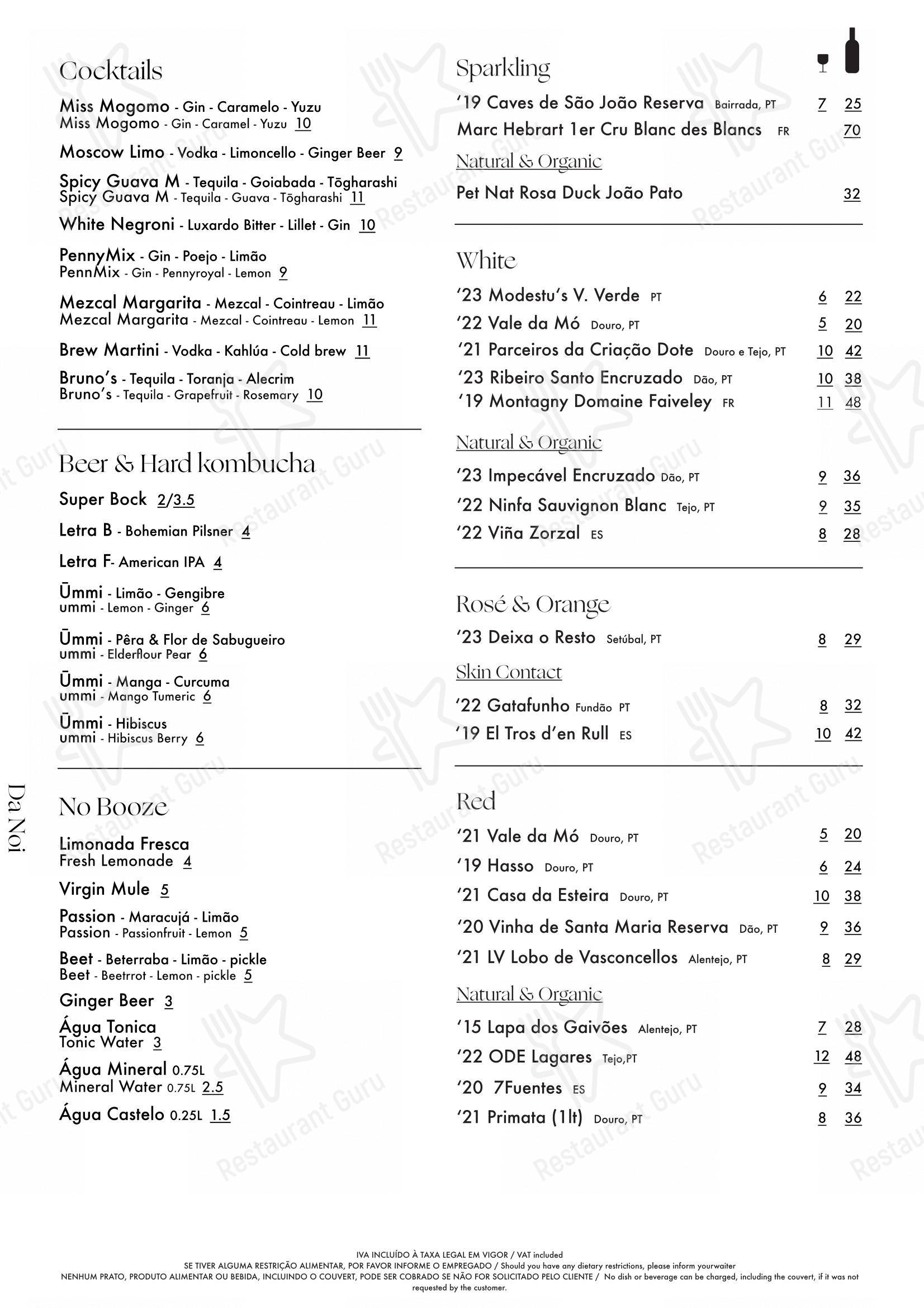 Menu at Da Noi restaurant, Lisbon