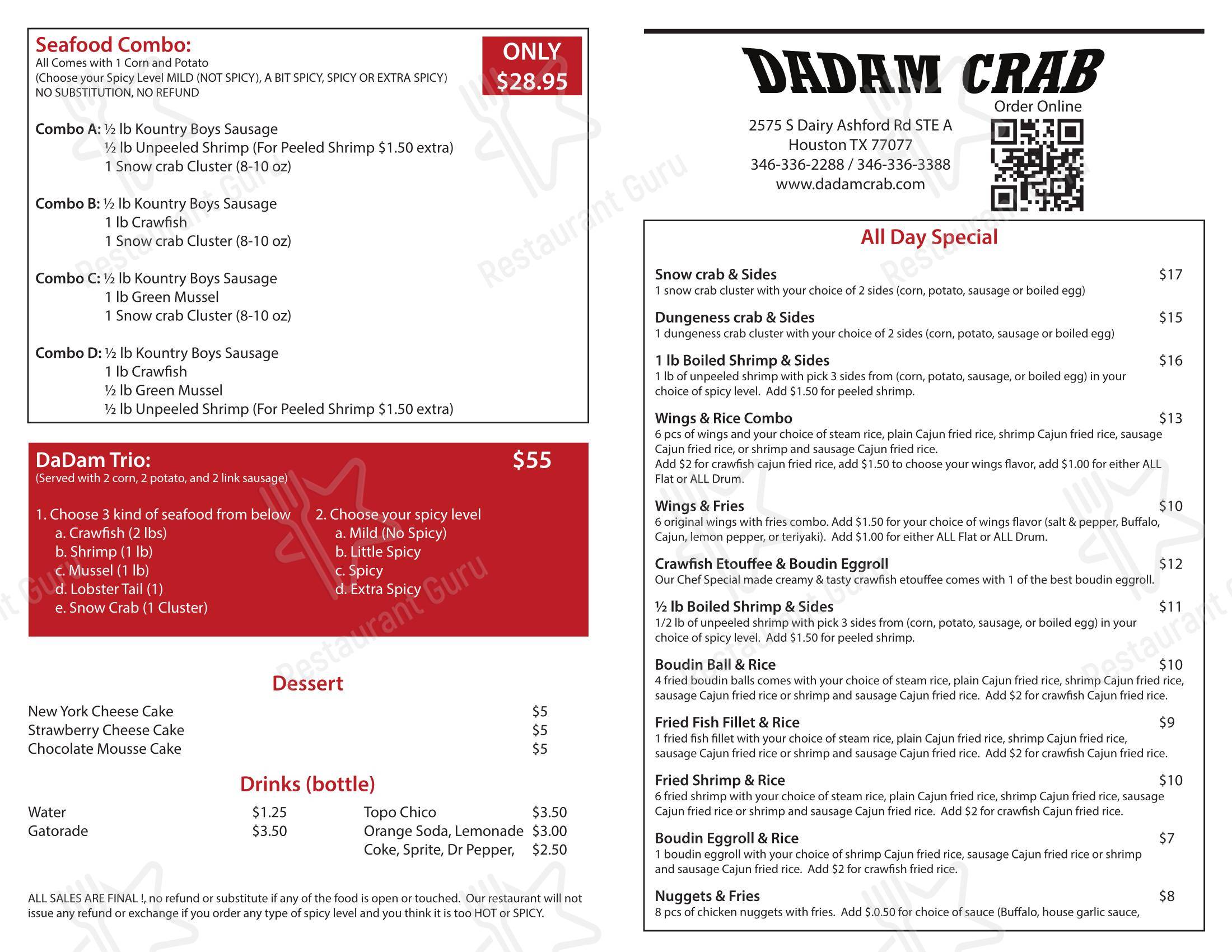 Menu at DaDam Crab restaurant, Houston