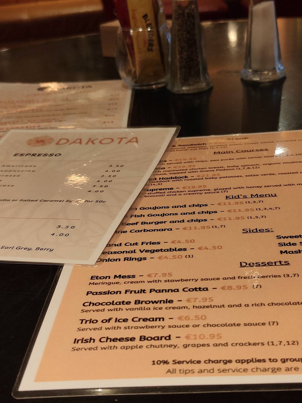 Menu at Dakota pub & bar, Dublin