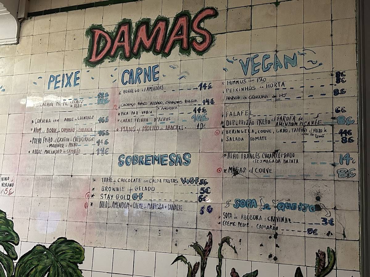 Menu at Damas restaurant, Lisbon, R. da Voz do Operário 60