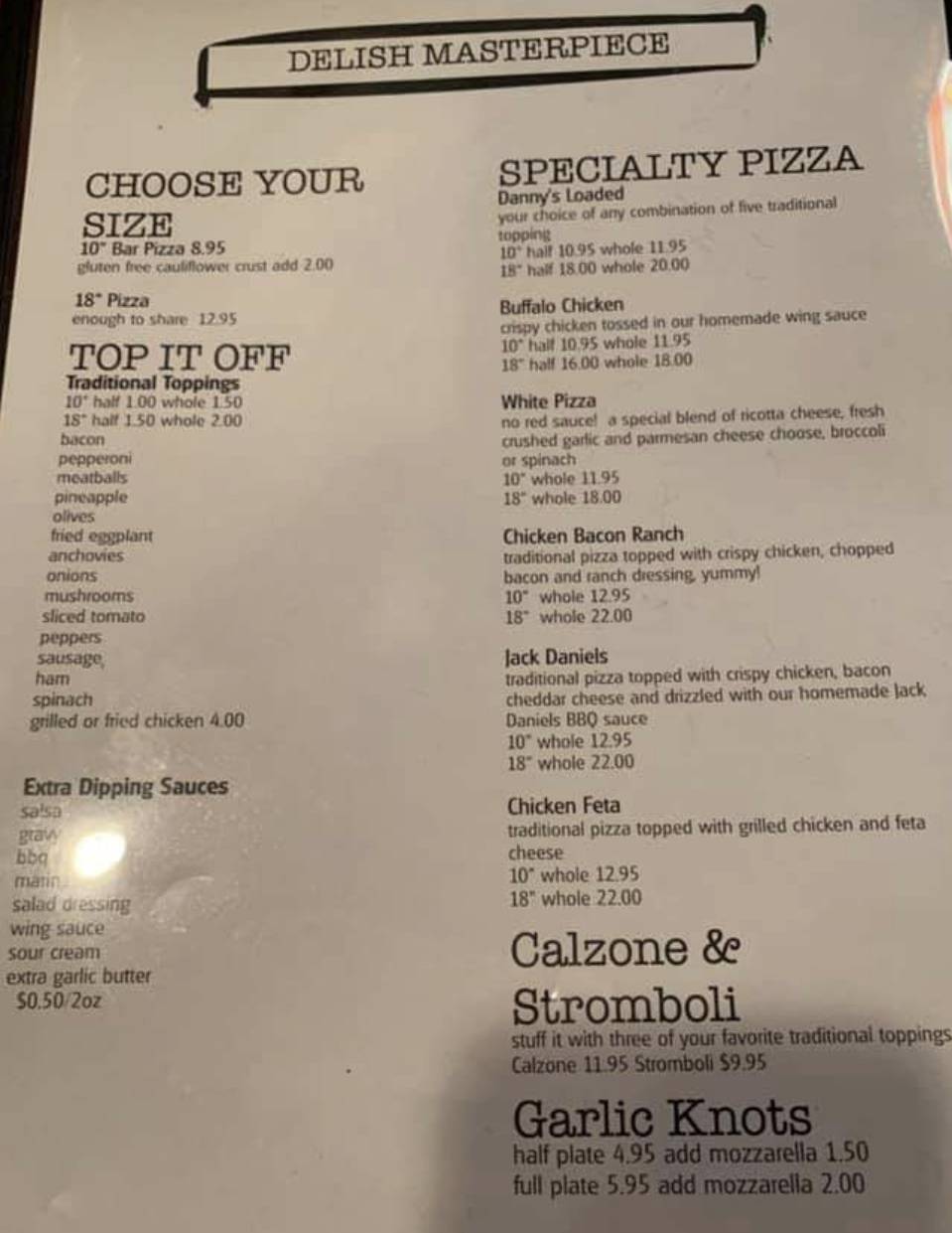 Menu at Danny’s restaurant, Walton