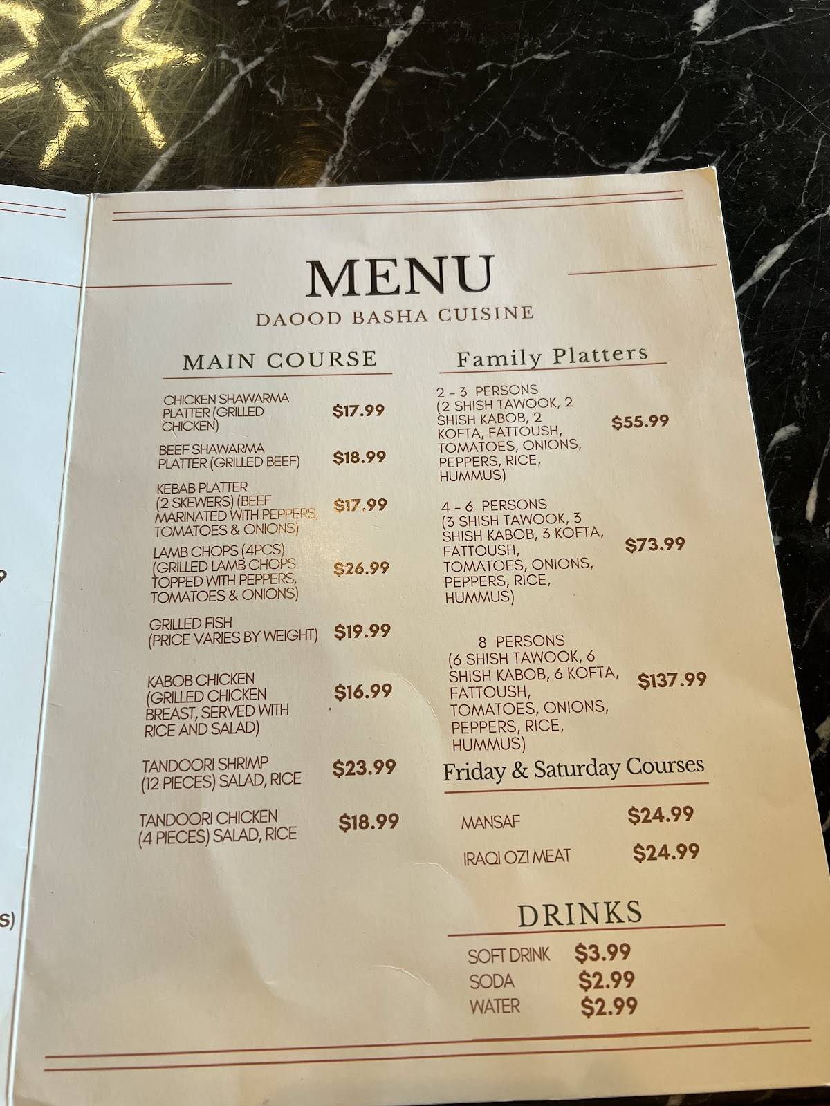 Menu at Daood Basha Cuisine restaurant, Orlando