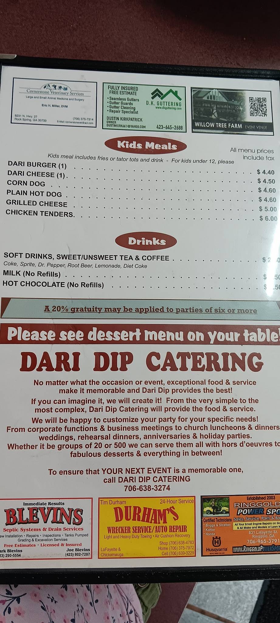 Menu at Dari-Dip restaurant, LaFayette