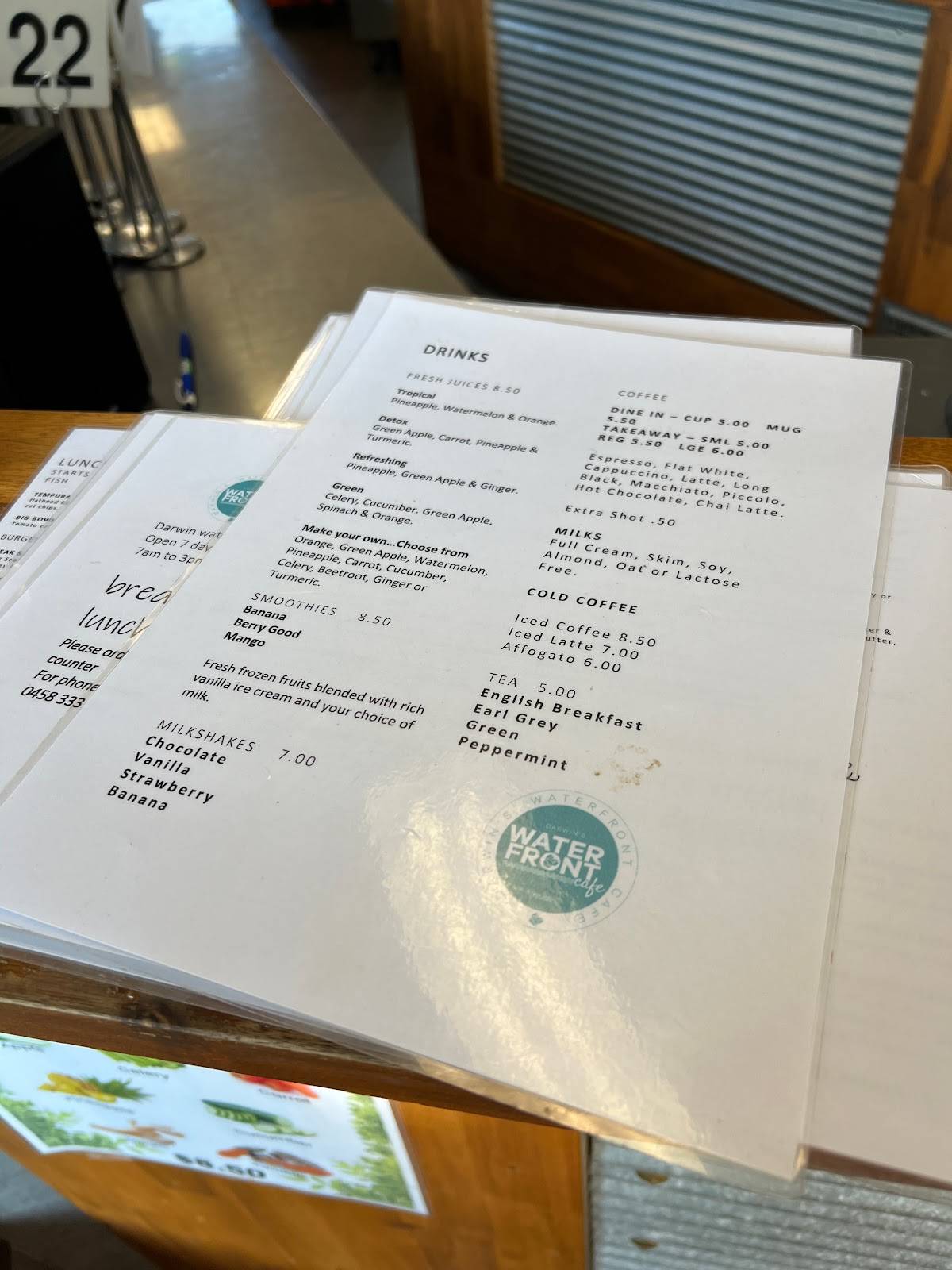 Menu at Darwin's Waterfront Café cafe, Darwin City