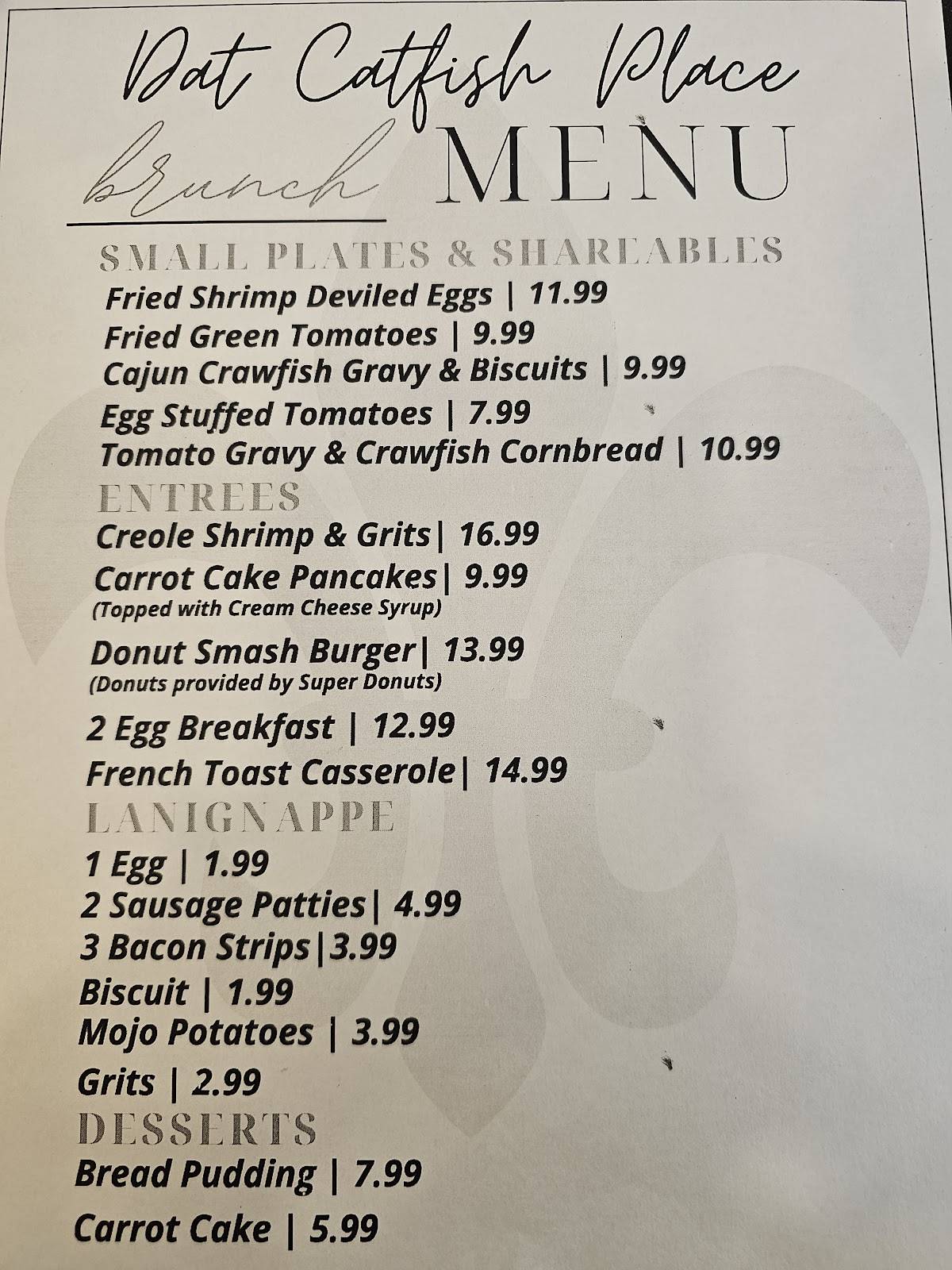 Menu at Dat Catfish Place pub & bar, West Monroe