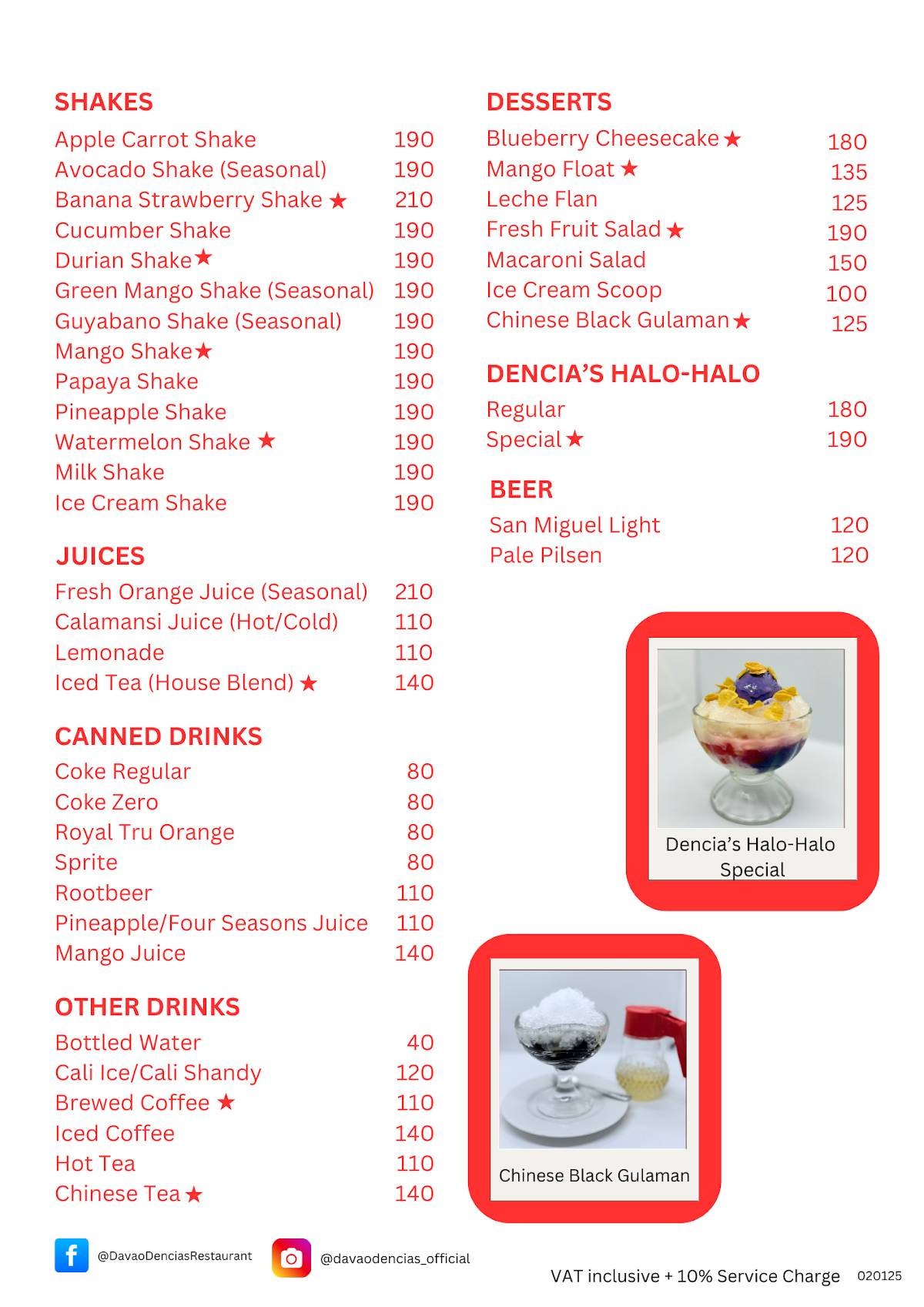 Menu at Davao Dencia's Restaurant, Davao City, General Luna St