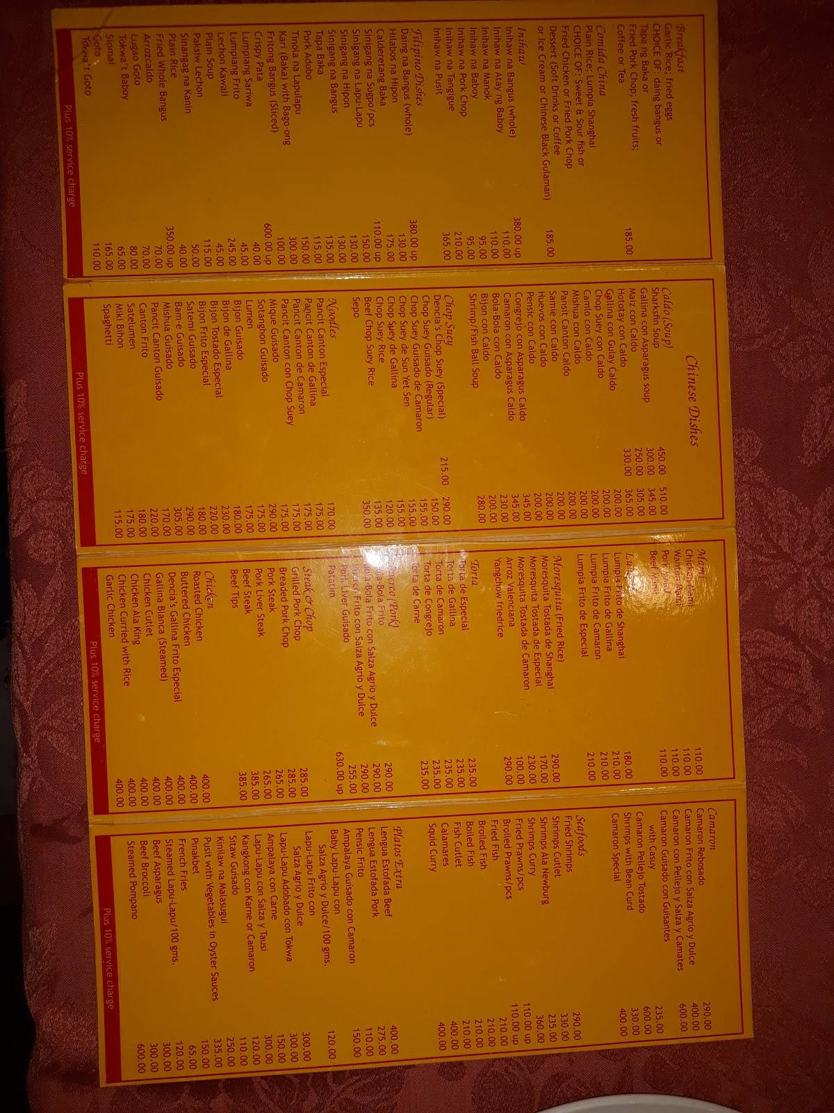 Menu at Davao Dencia's Restaurant, Davao City, General Luna St