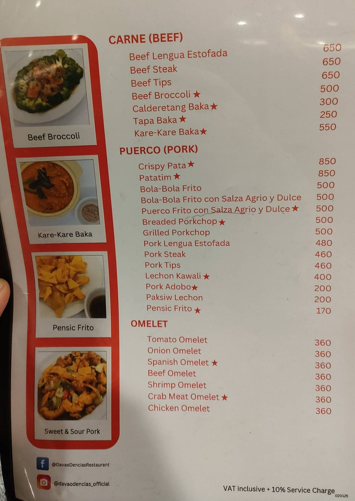 Menu at Davao Dencia's Restaurant, Davao City, General Luna St