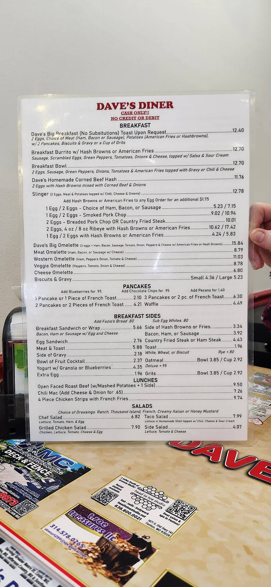 Menu at Dave's Diner restaurant, Arnold