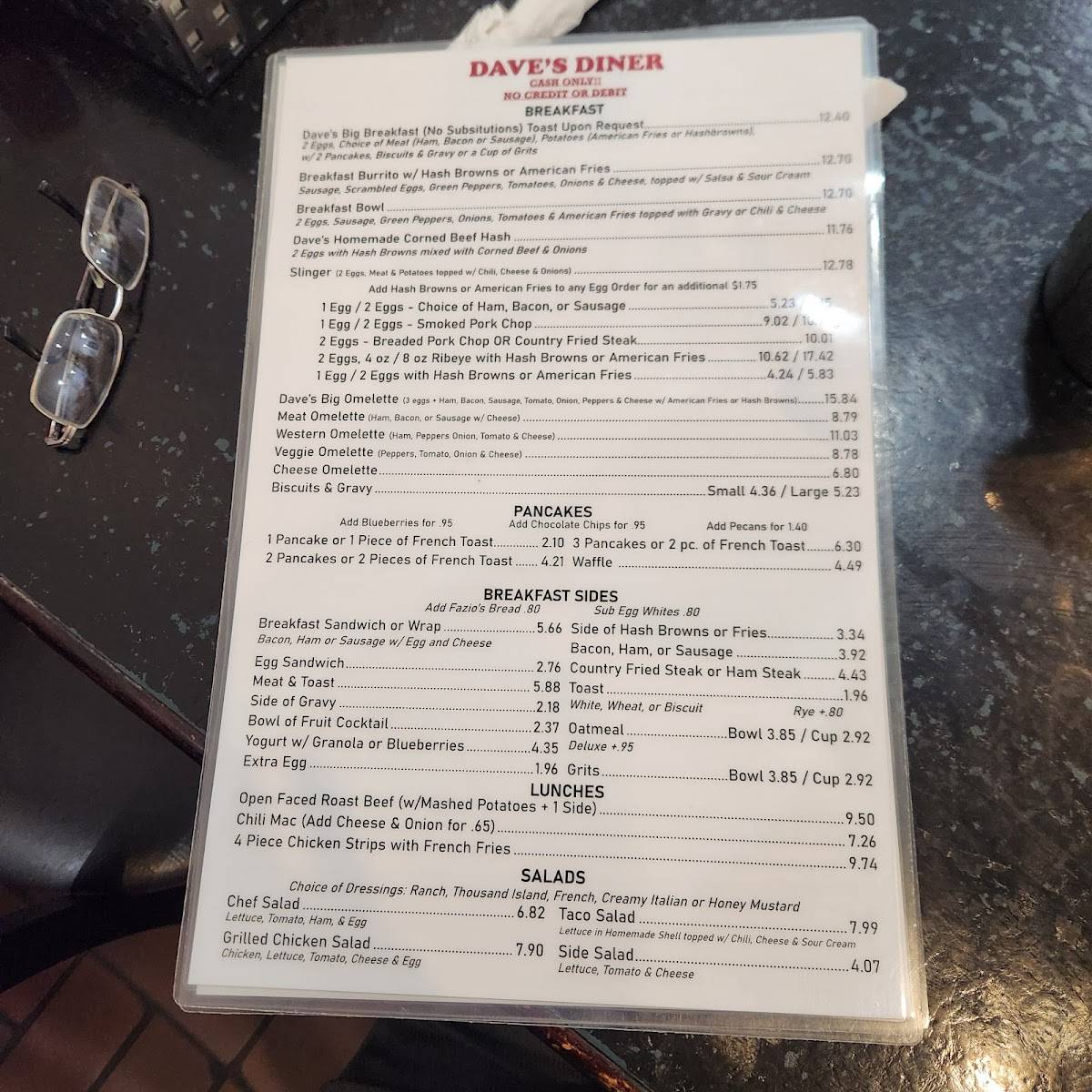 Menu at Dave's Diner restaurant, Arnold