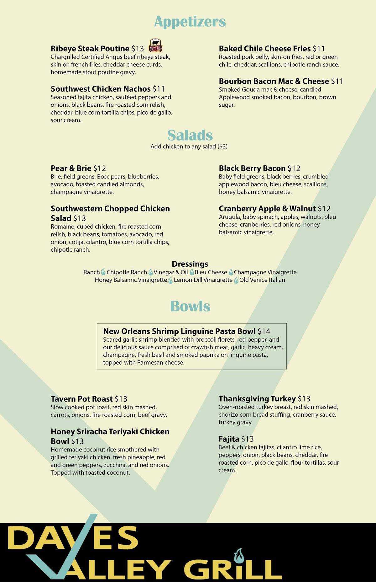 Menu at Dave's Valley Grill cafe, Los Ranchos de Albuquerque