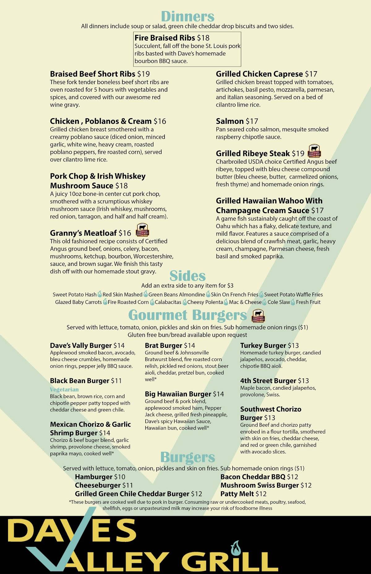Menu at Dave's Valley Grill cafe, Los Ranchos de Albuquerque