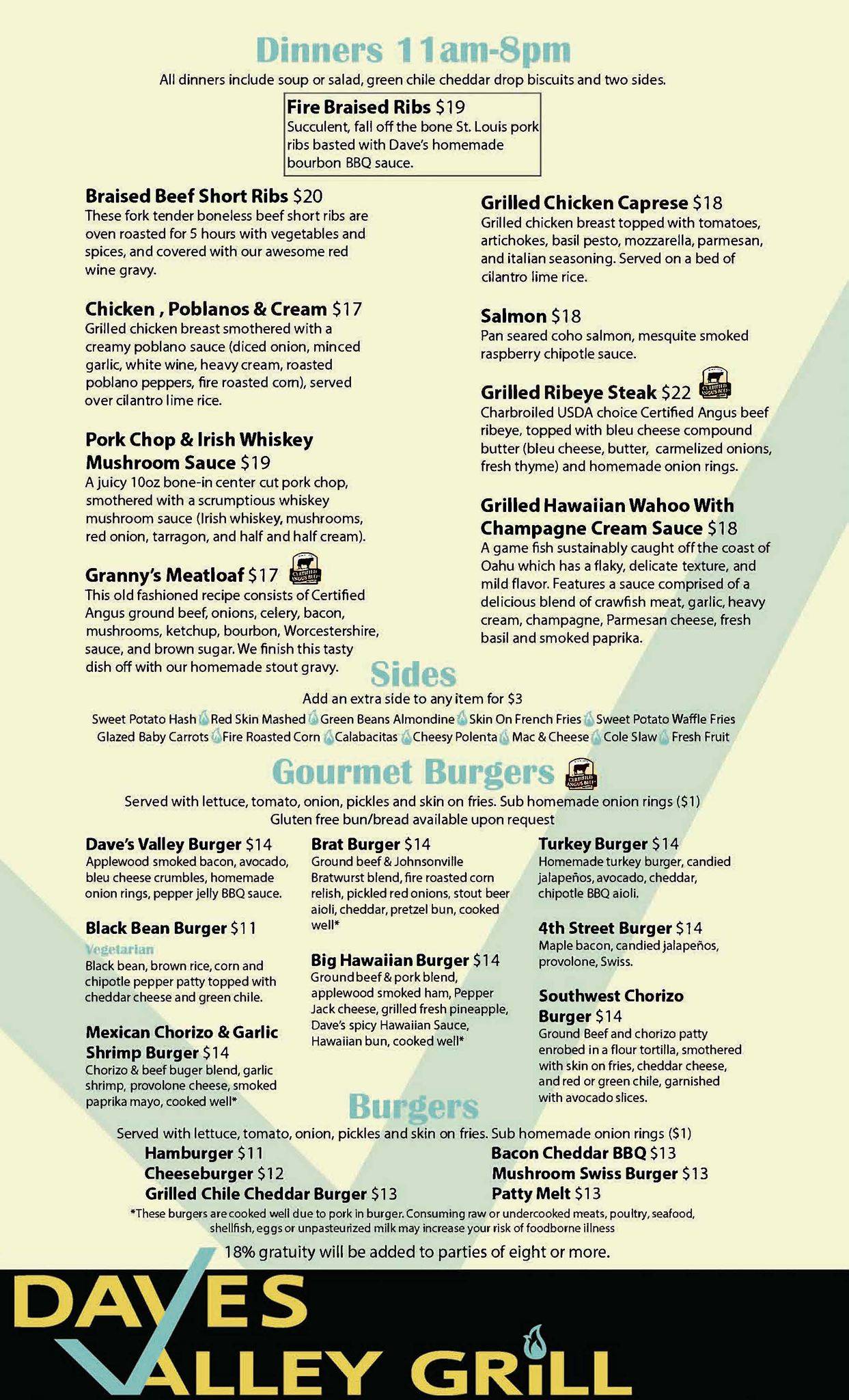 Menu at Dave's Valley Grill cafe, Los Ranchos de Albuquerque