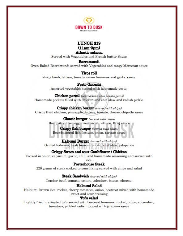 Menu at Dawn to Dusk Cafe and Restaurant, Newton