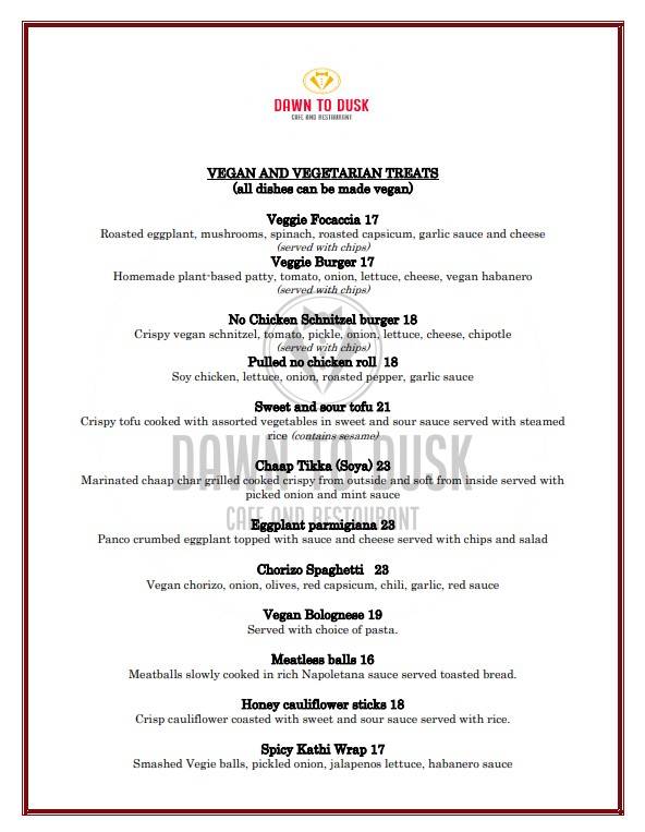 Menu at Dawn to Dusk Cafe and Restaurant, Newton