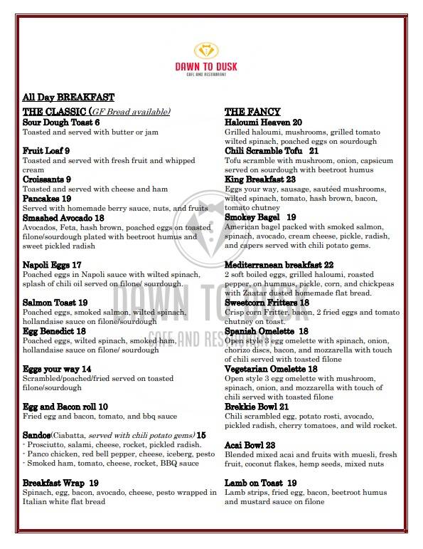 Menu at Dawn to Dusk Cafe and Restaurant, Newton