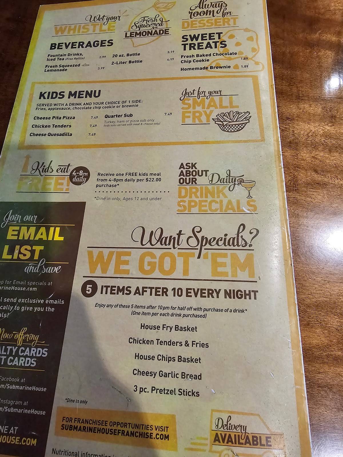 Menu at Submarine House pub & bar, Dayton, Taylorsville Rd